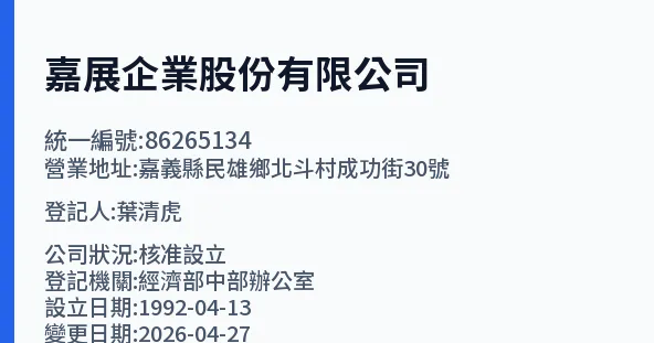 嘉展企業股份有限公司的照片-統編 86265134(嘉義縣) 公司登記資料與營業項目詳細圖表