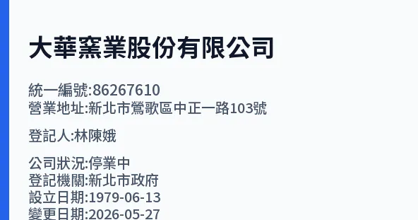 大華窯業股份有限公司的照片-統編 86267610(新北市) 公司登記資料與營業項目詳細圖表