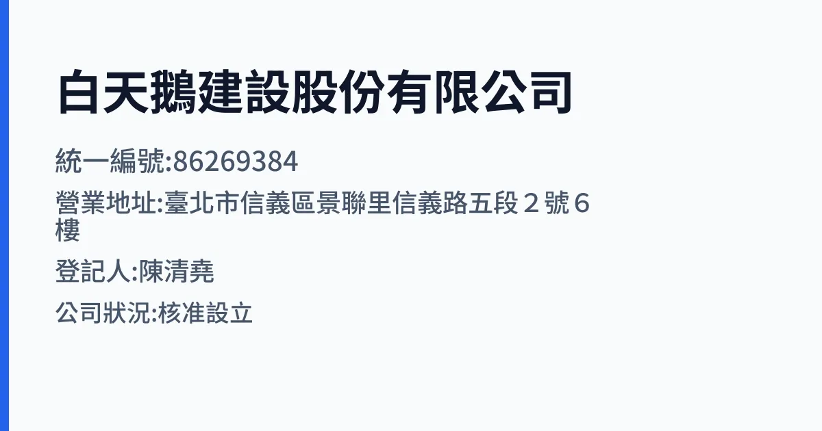 白天鵝建設股份有限公司 - 統編 86269384(臺北市) 公司登記資料與營業項目詳細圖表