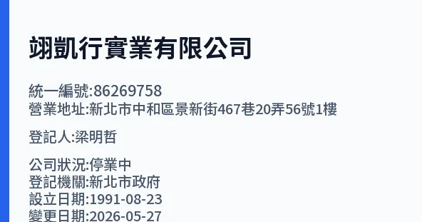 翊凱行實業有限公司的照片-統編 86269758(新北市) 公司登記資料與營業項目詳細圖表