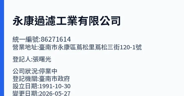 永康過濾工業有限公司的照片-統編 86271614(臺南市) 公司登記資料與營業項目詳細圖表