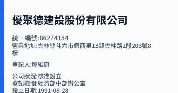 優聚德建設股份有限公司的照片-統編 86274154(雲林縣) 公司登記資料與營業項目詳細圖表