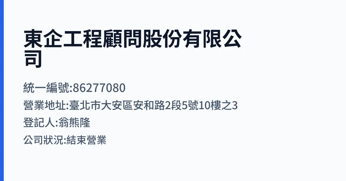 東企工程顧問股份有限公司 - 統編 86277080(臺北市) 公司登記資料與營業項目詳細圖表