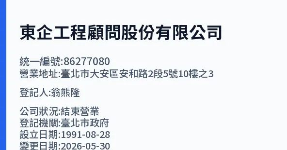 東企工程顧問股份有限公司的照片-統編 86277080(臺北市) 公司登記資料與營業項目詳細圖表