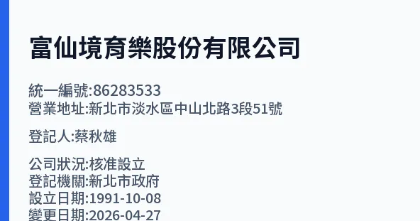 富仙境育樂股份有限公司的照片-統編 86283533(新北市) 公司登記資料與營業項目詳細圖表