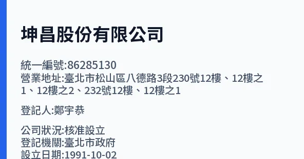 坤昌股份有限公司的照片-統編 86285130(臺北市) 公司登記資料與營業項目詳細圖表