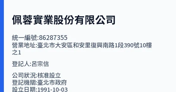 佩蓉實業股份有限公司的照片-統編 86287355(臺北市) 公司登記資料與營業項目詳細圖表