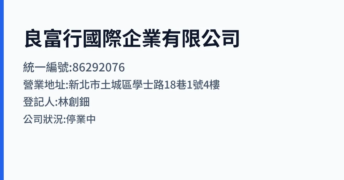 良富行國際企業有限公司 - 統編 86292076（新北市） 公司登記資料與營業項目詳細圖表