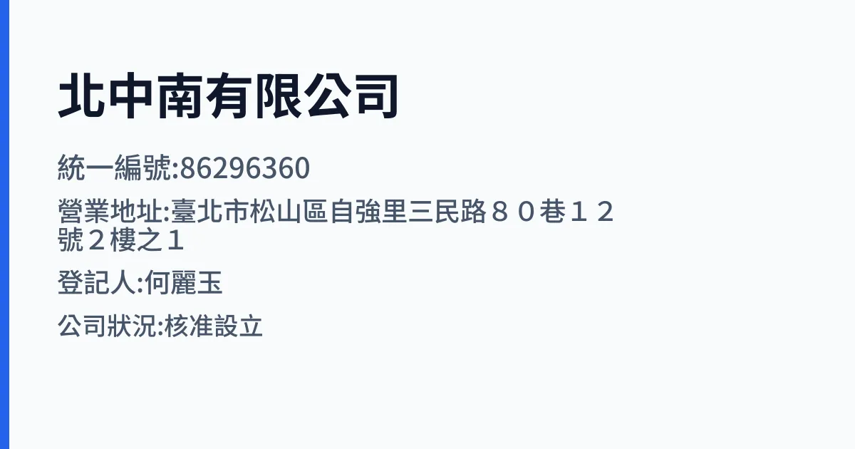 北中南有限公司 - 統編 86296360(臺北市) 公司登記資料與營業項目詳細圖表