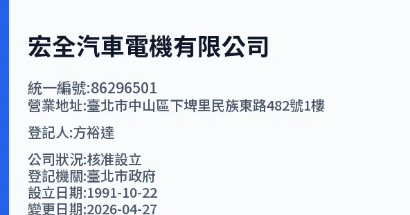 宏全汽車電機有限公司的照片-統編 86296501(臺北市) 公司登記資料與營業項目詳細圖表