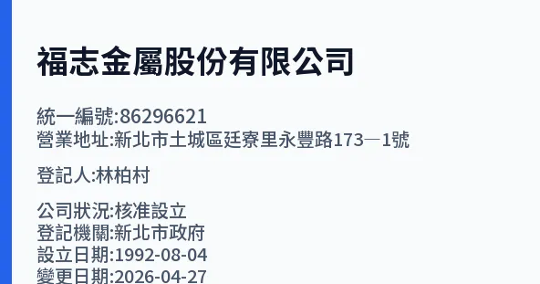 福志金屬股份有限公司的照片-統編 86296621(新北市) 公司登記資料與營業項目詳細圖表