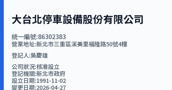 大台北停車設備股份有限公司的照片-統編 86302383(新北市) 公司登記資料與營業項目詳細圖表