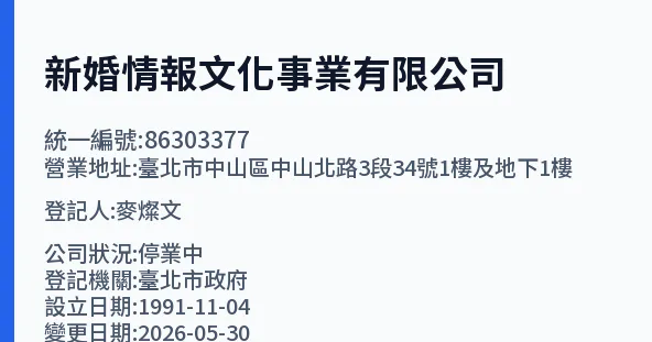新婚情報文化事業有限公司的照片-統編 86303377(臺北市) 公司登記資料與營業項目詳細圖表