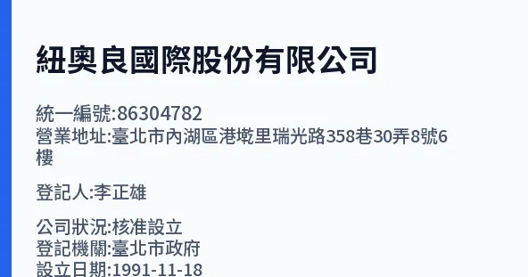 紐奧良國際股份有限公司的照片-統編 86304782(臺北市) 公司登記資料與營業項目詳細圖表