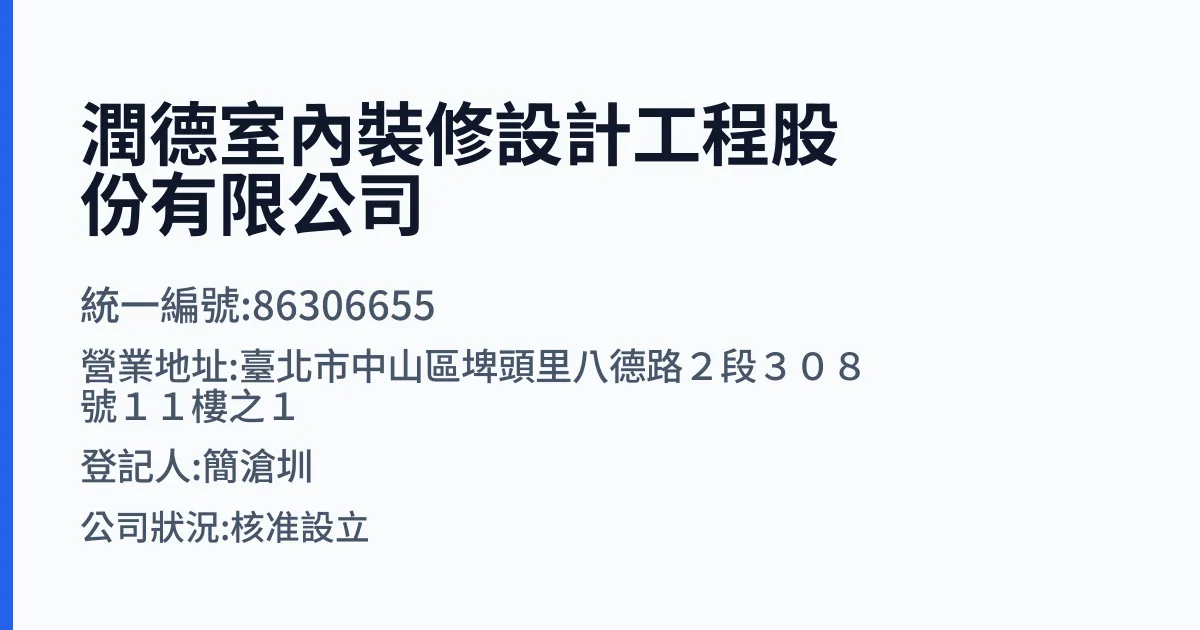 潤德室內裝修設計工程股份有限公司 - 統編 86306655(臺北市) 公司登記資料與營業項目詳細圖表