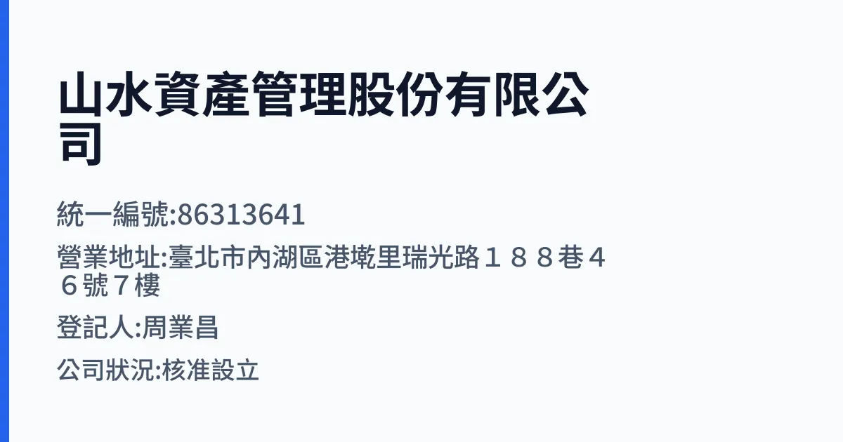 山水資產管理股份有限公司 - 統編 86313641(臺北市) 公司登記資料與營業項目詳細圖表