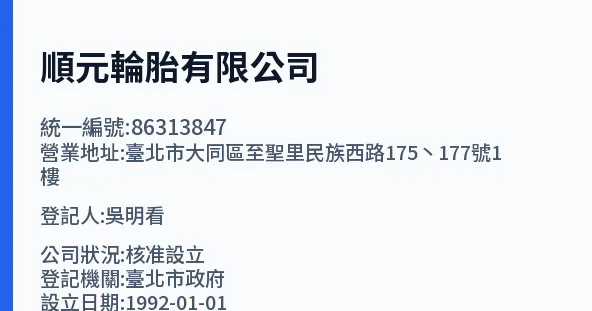 順元輪胎有限公司的照片-統編 86313847(臺北市) 公司登記資料與營業項目詳細圖表