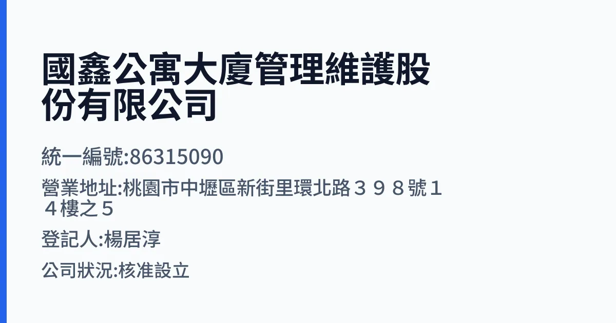 國鑫公寓大廈管理維護股份有限公司 - 統編 86315090(臺中市) 公司登記資料與營業項目詳細圖表