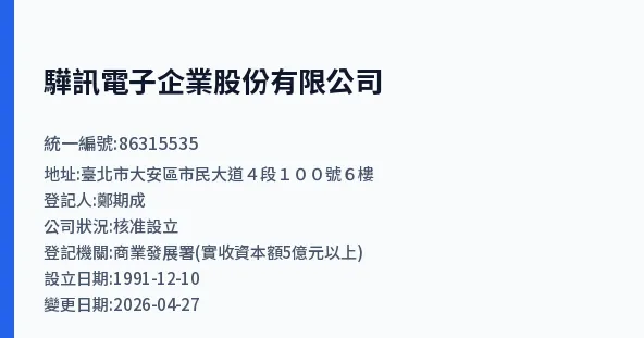驊訊電子企業股份有限公司的照片-統編 86315535(臺北市) 公司登記資料與營業項目詳細圖表