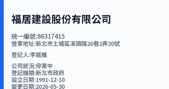 福居建設股份有限公司的照片-統編 86317415(新北市) 公司登記資料與營業項目詳細圖表