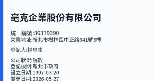 毫克企業股份有限公司的照片-統編 86319390(新北市) 公司登記資料與營業項目詳細圖表