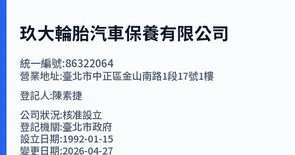 玖大輪胎汽車保養有限公司的照片-統編 86322064(臺北市) 公司登記資料與營業項目詳細圖表