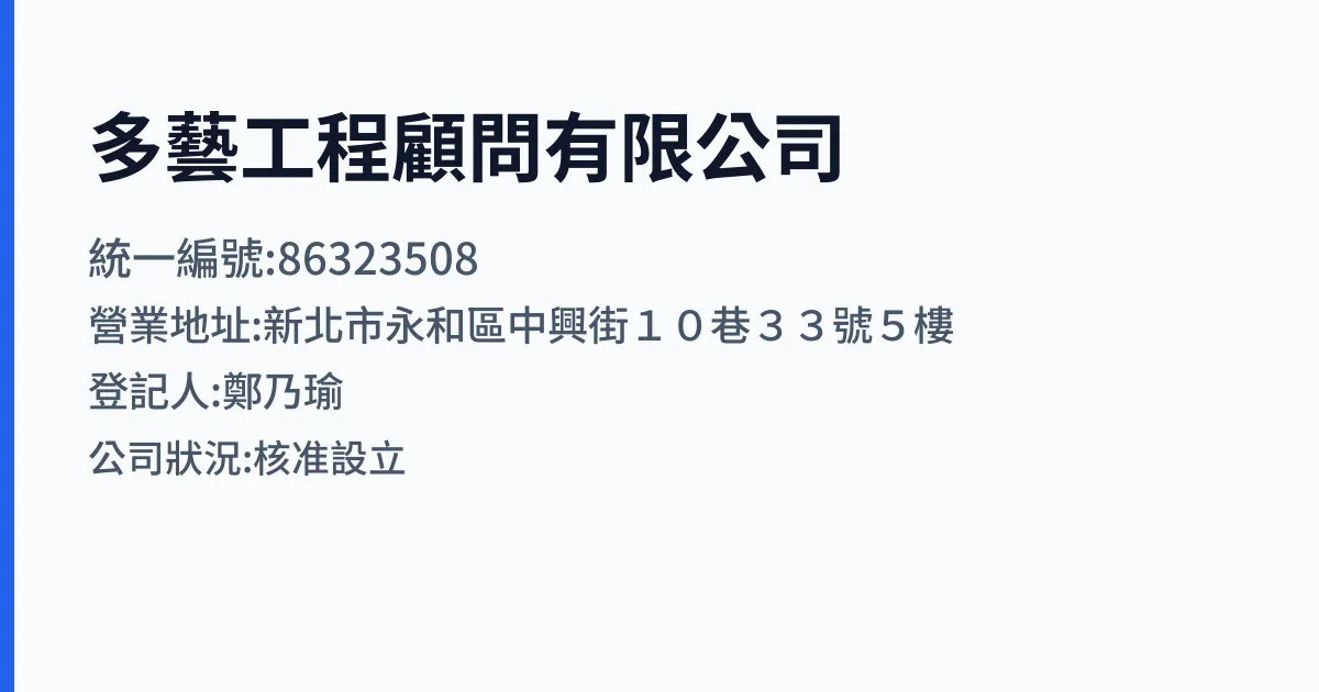 多藝工程顧問有限公司 - 統編 86323508(新北市) 公司登記資料與營業項目詳細圖表