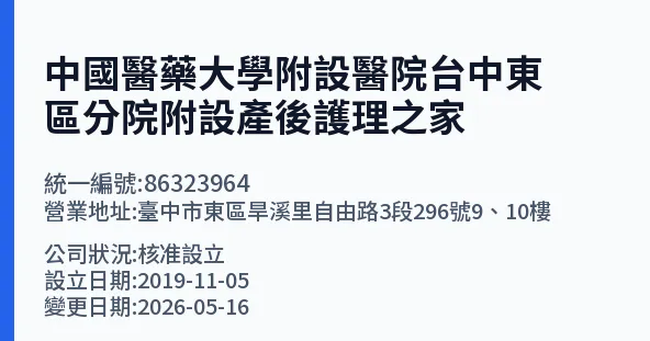 中國醫藥大學附設醫院台中東區分院附設產後護理之家的照片-統編 86323964(臺中市) 公司登記資料與營業項目詳細圖表
