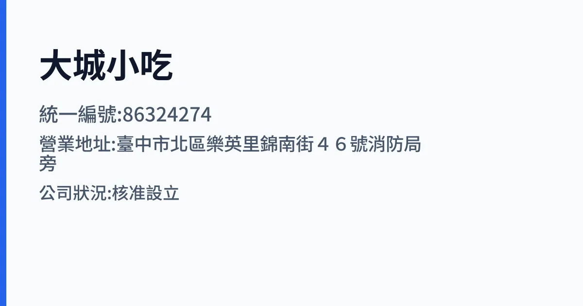 大城小吃 - 統編 86324274(臺中市) 公司登記資料與營業項目詳細圖表