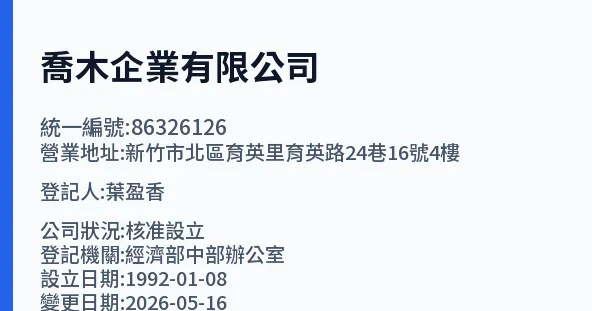 喬木企業有限公司的照片-統編 86326126(新竹市) 公司登記資料與營業項目詳細圖表
