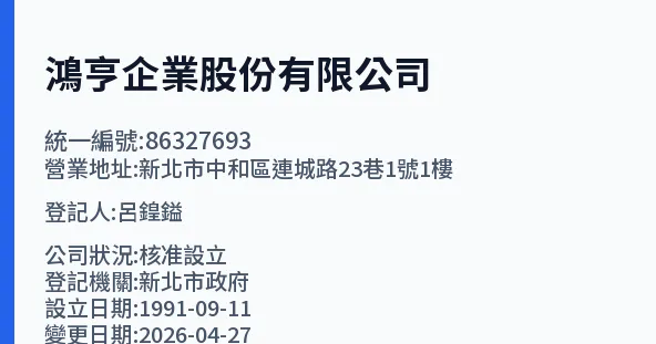 鴻亨企業股份有限公司的照片-統編 86327693(新北市) 公司登記資料與營業項目詳細圖表