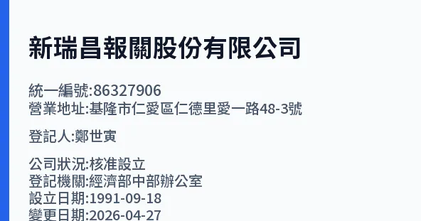 新瑞昌報關股份有限公司的照片-統編 86327906(基隆市) 公司登記資料與營業項目詳細圖表