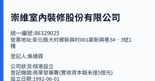 崇維室內裝修股份有限公司的照片-統編 86329025(彰化縣) 公司登記資料與營業項目詳細圖表