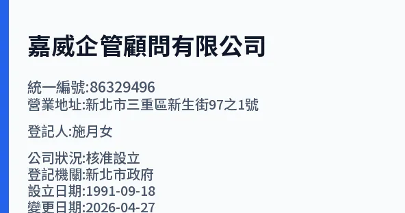 嘉威企管顧問有限公司的照片-統編 86329496(新北市) 公司登記資料與營業項目詳細圖表