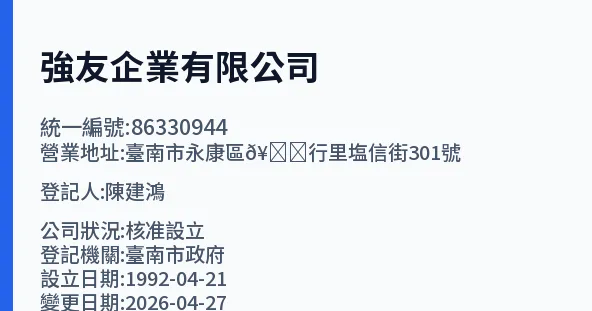 強友企業有限公司的照片-統編 86330944(臺南市) 公司登記資料與營業項目詳細圖表