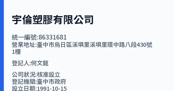 宇倫塑膠有限公司的照片-統編 86331681(臺中市) 公司登記資料與營業項目詳細圖表