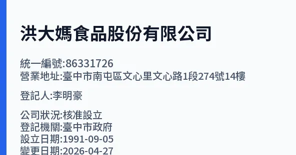 洪大媽食品股份有限公司的照片-統編 86331726(臺中市) 公司登記資料與營業項目詳細圖表
