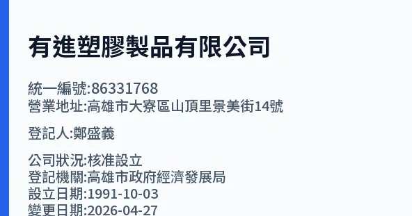 有進塑膠製品有限公司的照片-統編 86331768(高雄市) 公司登記資料與營業項目詳細圖表