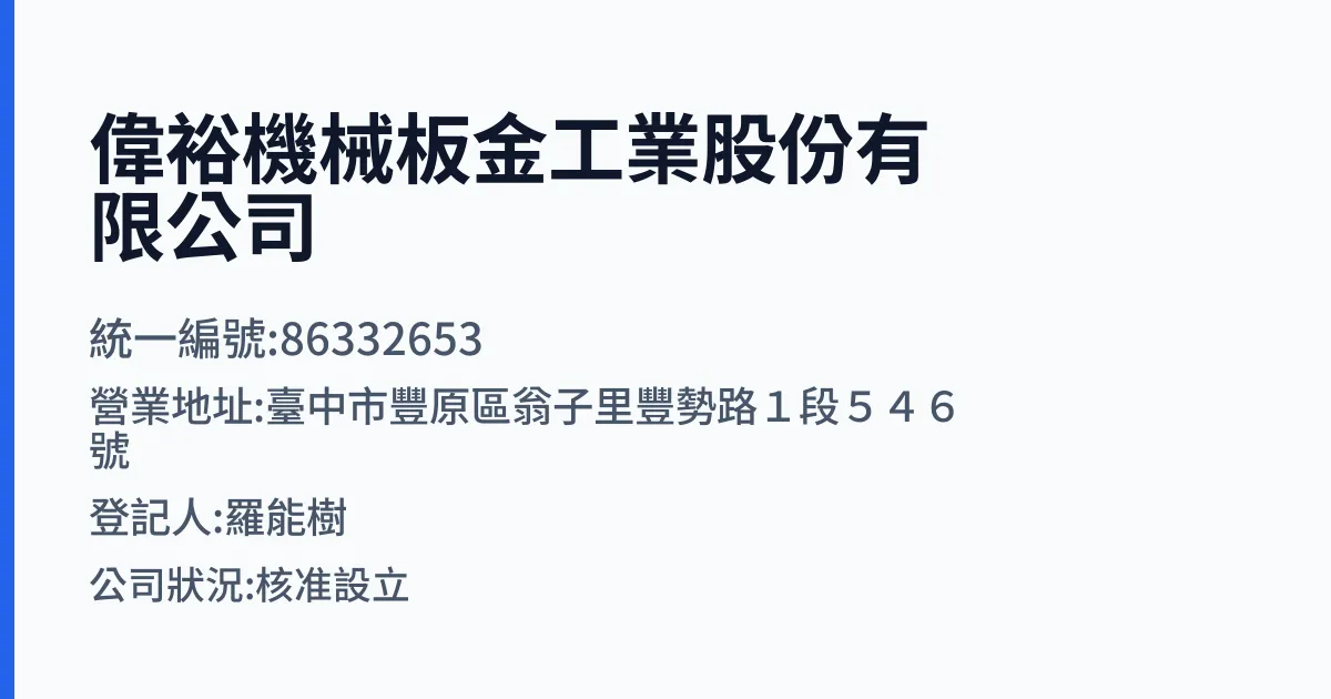 偉裕機械板金工業股份有限公司 - 統編 86332653(臺中市) 公司登記資料與營業項目詳細圖表