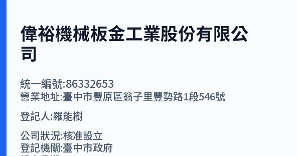偉裕機械板金工業股份有限公司的照片-統編 86332653(臺中市) 公司登記資料與營業項目詳細圖表