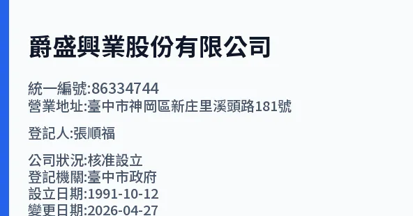 爵盛興業股份有限公司的照片-統編 86334744(臺中市) 公司登記資料與營業項目詳細圖表