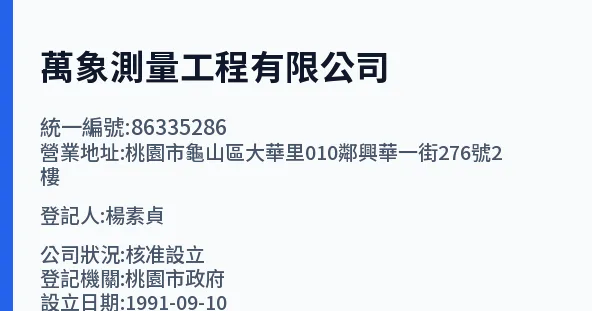 萬象測量工程有限公司的照片-統編 86335286(桃園市) 公司登記資料與營業項目詳細圖表