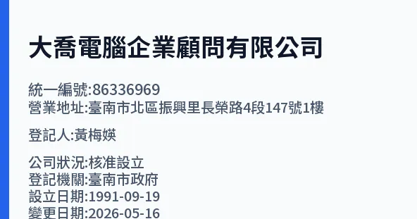 大喬電腦企業顧問有限公司的照片-統編 86336969(臺南市) 公司登記資料與營業項目詳細圖表