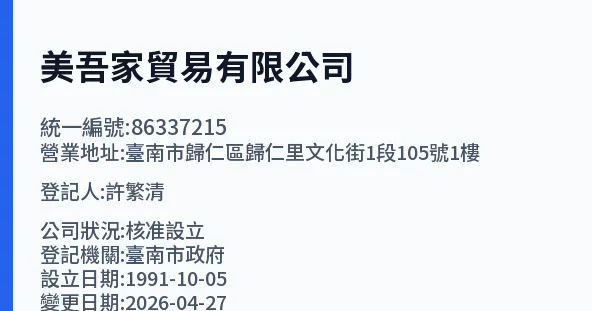美吾家貿易有限公司的照片-統編 86337215(臺南市) 公司登記資料與營業項目詳細圖表
