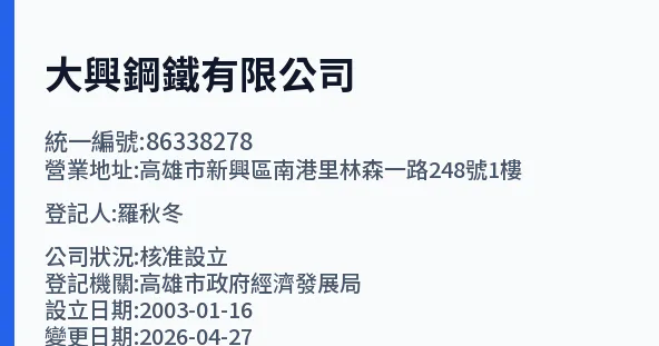 大興鋼鐵有限公司的照片-統編 86338278(高雄市) 公司登記資料與營業項目詳細圖表