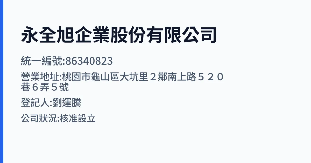永全旭企業股份有限公司 - 統編 86340823(桃園市) 公司登記資料與營業項目詳細圖表