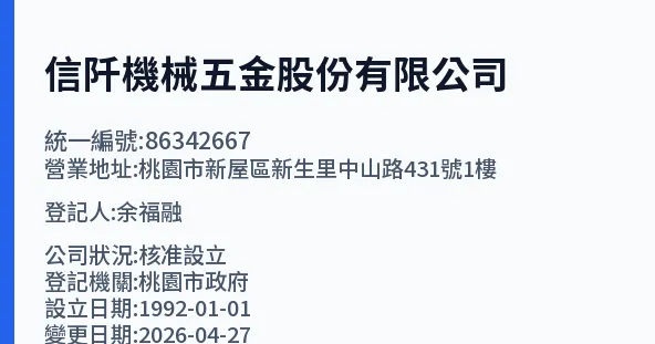 信阡機械五金股份有限公司的照片-統編 86342667(桃園市) 公司登記資料與營業項目詳細圖表