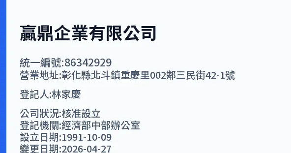 贏鼎企業有限公司的照片-統編 86342929(彰化縣) 公司登記資料與營業項目詳細圖表