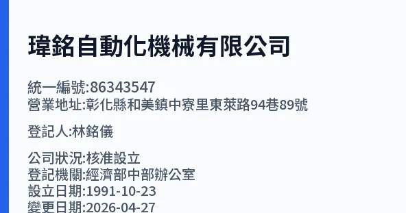 瑋銘自動化機械有限公司的照片-統編 86343547(彰化縣) 公司登記資料與營業項目詳細圖表