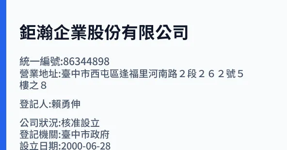 鉅瀚企業股份有限公司的照片-統編 86344898(臺中市) 公司登記資料與營業項目詳細圖表